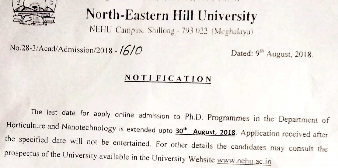 NEHU PhD Admission 2018-19: Online Application Extended To August 30