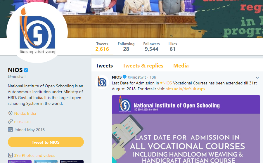 NIOS DEled 1st Semester Results 2018 Announced @ nios.ac.in