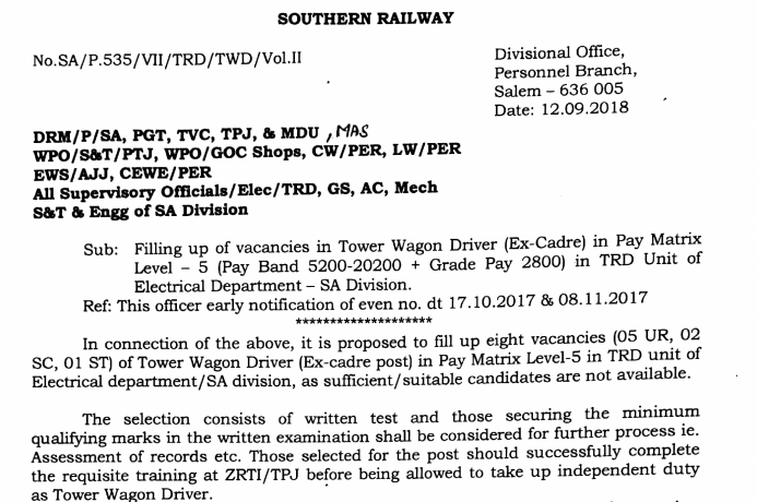 Southern Railway Tower Wagon Driver Recruitment 2018: 8 Vacancies Online